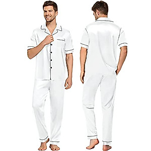 SWOMOG Women Satin Pjs Short Sleeve Silk Two-Piece- Sleepwear Classic Button-Down Casual Loose Pajama Set for Women White