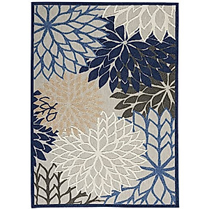 Nourison Aloha Indoor/Outdoor Blue/Multicolor 5'3" x 7'5" Area-Rug, Tropical, Botanical, Easy-Cleaning, Non Shedding, Bed Room, Living Room, Dining Room, Deck, Backyard, Patio (5x7)