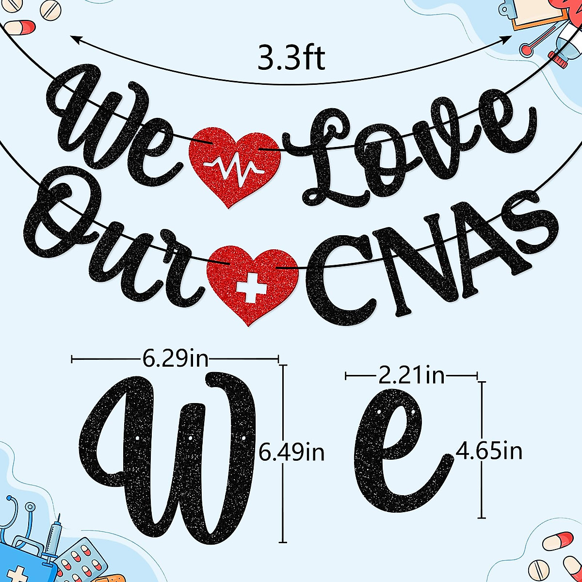 Firefairy We Love Our CNAs Banner, CNA Appreciation Banner, Happy CNA Week Party Decor, Thank You CNAs Party Decor, Nursing Assistant Week Banner, Black and Red Glitter