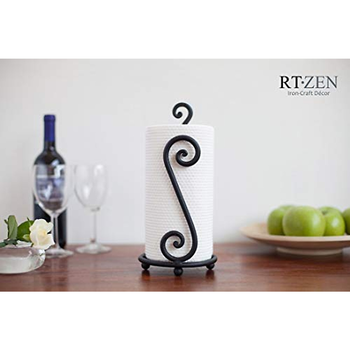 Fancy Paper Towel Holder Stand | Black Stylish Wrought Iron | Classic Decorative Countertop Authentic Rod Metal Hand Forged Stand Up Holder | Handmade Crafted by RTZEN-Décor