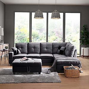 OPTOUGH Modern Fabric Sectional Sofa with Storage Ottoman and Right Chaise Lounge,Living Room Furniture Set L-Shape Couches w/ 2 Pillows, Gray
