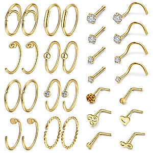 AllerPierce 20G Gold Nose Rings Sets Bone Screw L Shaped Nose Studs Tragus Cartilage Nose Ring Hoop Stainless Steel Nose Piercing Jewelry for Women Men