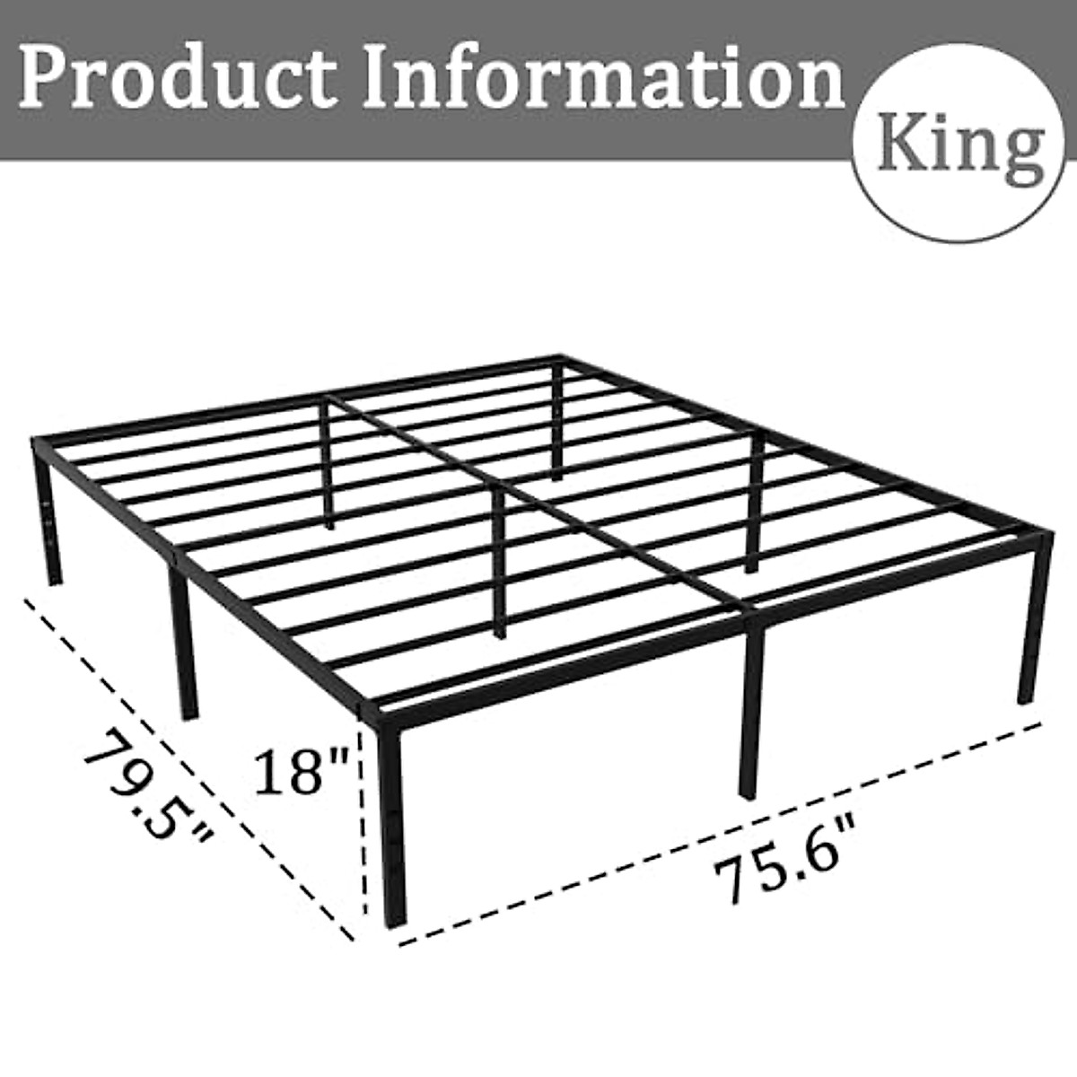 caziwhave King Bed Frame 18 Inch High Max 3500 lbs Heavy Duty Metal Mattress Foundation Platform Sturdy Steel Slat Support King Size No Box Spring Needed Easy to Assembly Noise Free Non Slip