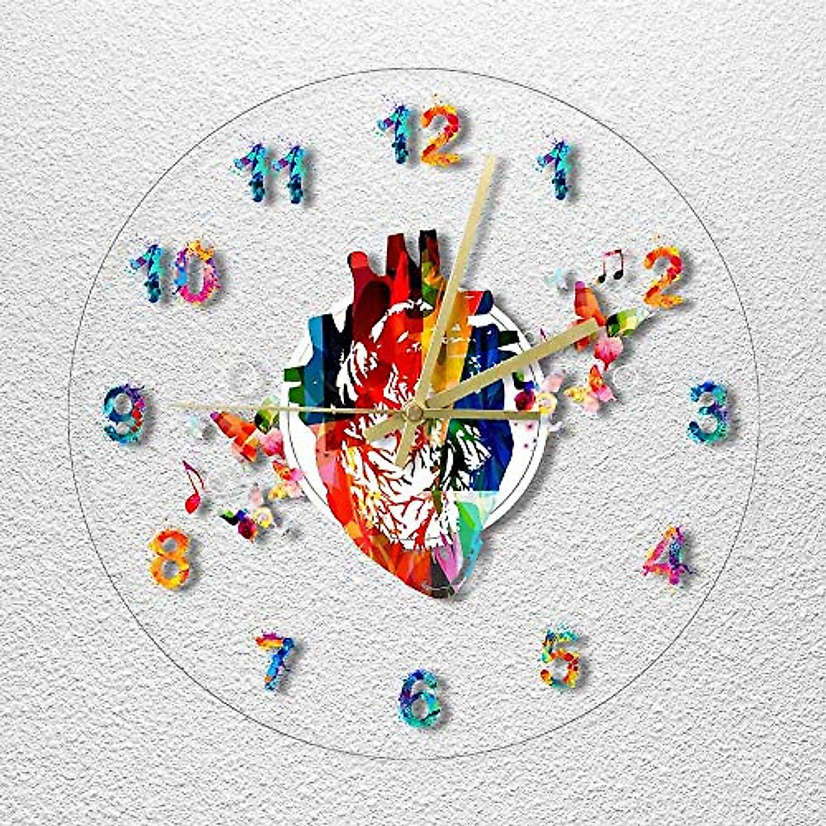 Wall Clocks12 inch Heart Design Anatomy Watercolour Painting Print Acrylic Wall Clock Medical Office Art Decor Cardiovascular Artwork Wall Clock Easy to Read
