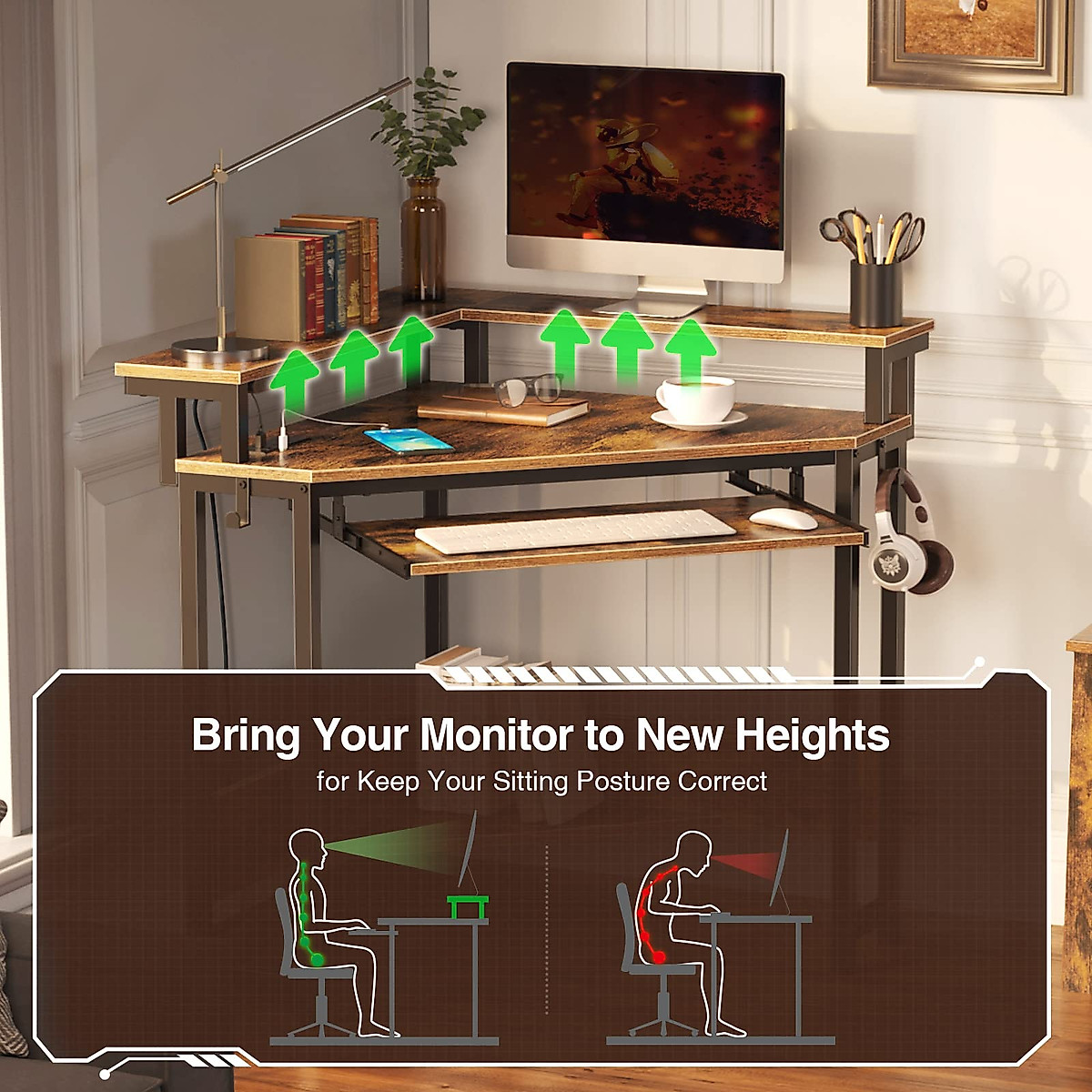 Rolanstar Corner Desk, 44.5" W x 34.5" H Small Computer Desk with Power Outlets, Gaming Desk with LED Lights, Triangle Corner Desk with Keyboard Tray & Monitor Stand for Small Space, Rustic Brown