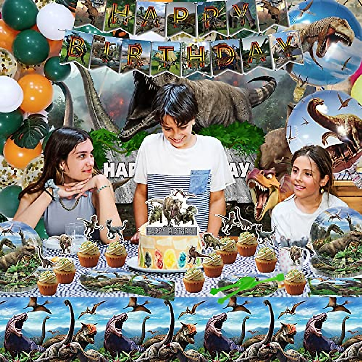 230PCS Dinosaur Birthday Party Supplies Decoration Set for Kids, Serves 10 Guests with Banner, Backdrop, Foil Balloons, Stickers, Balloon Kit, Tableware, Cake Topper, Cup Cake Toppers