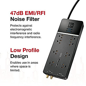 Rocketfish 8-Outlet/2-USB Wall Tap Surge Protector Strip - Provides Protection & Convenient Mobile Phone Charging - Black