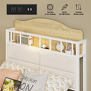 LIKIMIO Twin Bed Frame with Guardrail & Bedside Caddy, Multifunctional Headboard with Charging Station, Durable Metal Platform Bed, Noise-Free, No Box Spring Needed, White