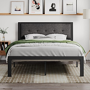 SHA CERLIN Full Size Metal Platform Bed Frame with Upholstered Button Tufted Headboard, Easy Assembly, Dark Grey