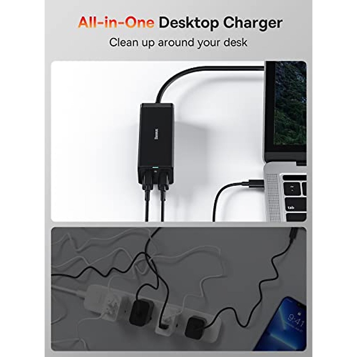 USB C Charger Baseus PowerCombo 65W USB C Charging Station with 2 Outlets Extender, Fast Charging, USB C Wall Charger Compatible with MacBook Laptops iPhone Samsung iPad (100W Type C Cable Included)