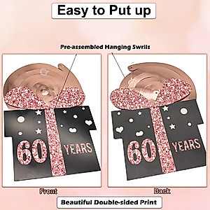 WOJOGO 60th Birthday Decorations Women, Rose Gold & Black Happy 60th Birthday Decorations Kit, Happy 60th Birthday Banner Hanging Swirls Birthday Cake Topper Balloons for Party Supplies