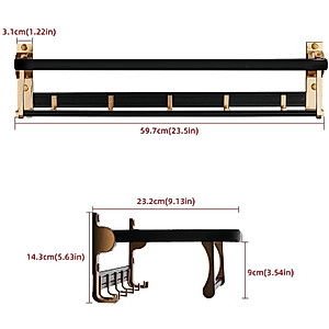 Bathroom Towel Rack Lavatory Hotel 24 Inch Foldable Towel Shelf with Towel Bar and Movable Hooks, Black and Matte Gold Polished Aluminum Modern Wall Mount Holder