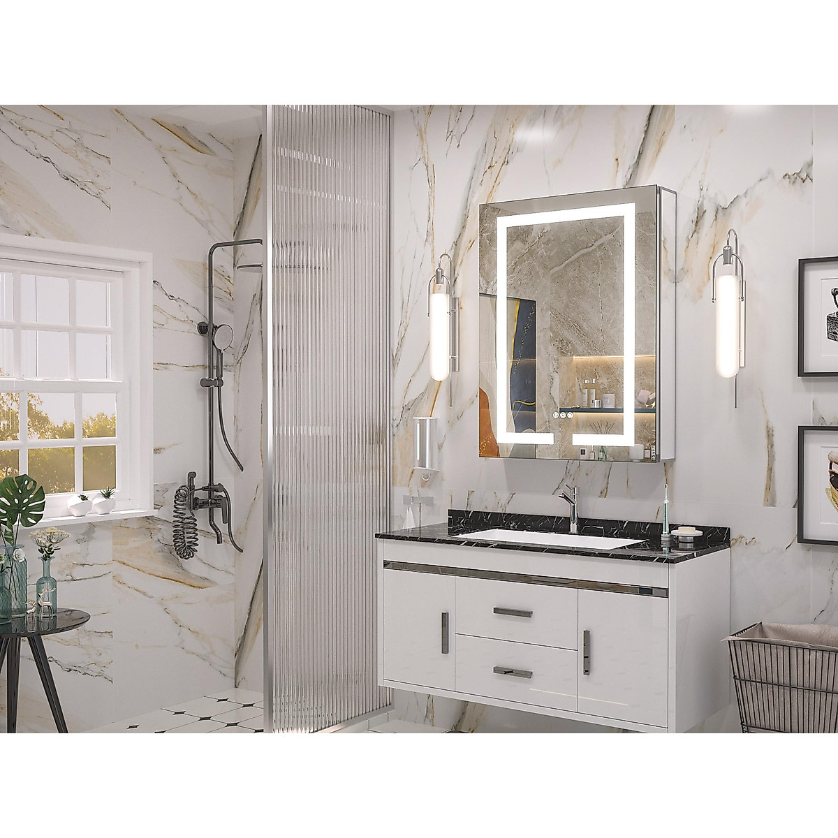 Keonjinn 24 x 32 LED Medicine Cabinet for Bathroom with Light Adjustable Shelves Electrical Outlet Dimmable Defogging 3 Color Light Tempered Glass LED Vanity Mirror with Storage Recessed/Surface Mount