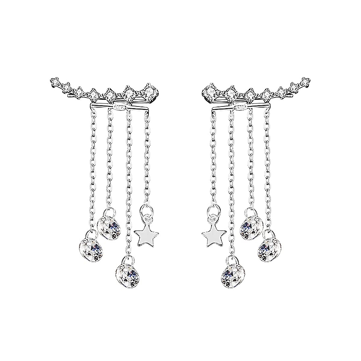 SLUYNZ 925 Sterling Silver 7 Crystals Cuff Earrings Tassell Chain for Women CZ Crawler Earrings Chain Climber Earrings (A-Silver)
