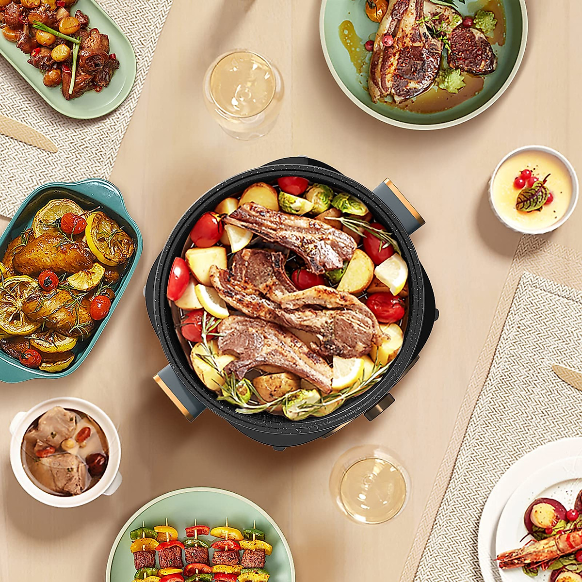 Dezin Electric Shabu Shabu Pot with Removable Pot, 5L Non-Stick Hot Pot Electric with Multi-Power Control, 3.7" Depth Electric Pot with Tempered Glass Lid for Party, Family and Friend Gathering