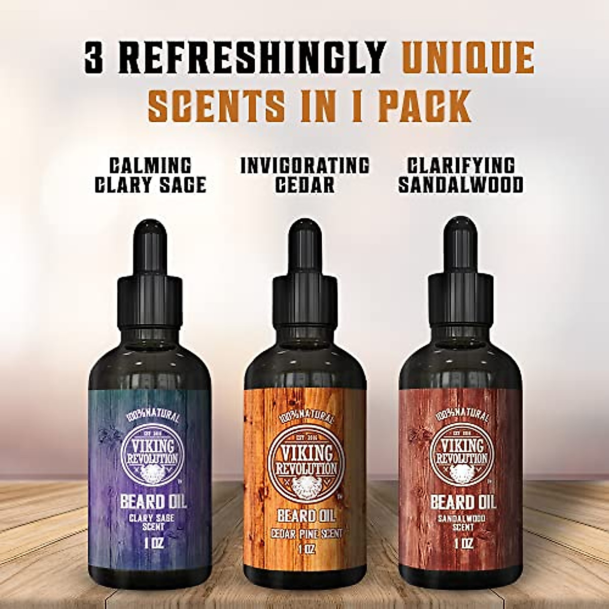 Viking Revolution Beard Oil Conditioner 3 Pack - All Natural Variety Set - Sandalwood, Pine & Cedar, Clary Sage Conditioning and Moisturizing for a Healthy Beard