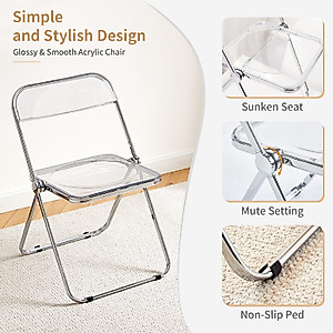 KAIHAOWIN Luxury Modern Transparent Folding Chair Acrylic Folding Chairs-Acrylic Ghost Stackable Crystal Seat-PC Plastic Living Room Seat-Chrome Frame Accent Side Chair (Clearing)