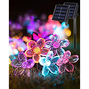 Solar String Lights Flower Garden Lights Outdoor Waterproof Fairy Lights Solar Powered Decorative Cherry Blossom for Camping Outside Balcony Yard Porch Patio Christmas Tree 33ft 50 Led Pack 2