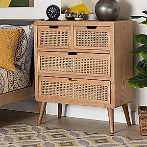 Baxton Studio Alina Medium Oak Finished Wood and Rattan 4-Drawer Accent Chest