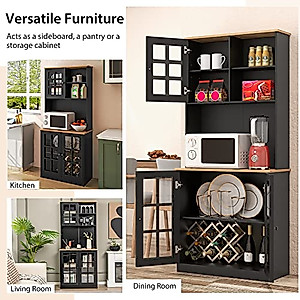 Byroce Kitchen Pantry with Cabinets & Open Shelves, Modern Tall Cabinet with Large Countertop, Glass Doors, Adjustable Shelves, Buffet Cabinet Cupboard for Kitchen, Living Room, Dining Room (Black)