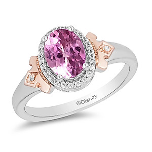 Jewelili Enchanted Disney Fine Jewelry Rose Gold over Sterling Silver 8X6 MM Lab Grown Oval Shape Pink Sapphire and 1/10 Cttw Natural White Round Diamond Aurora Ring, Size 5