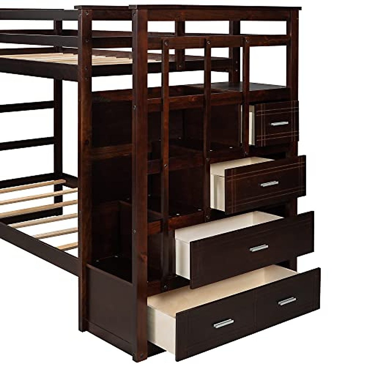 Solid Wood Twin Over Twin Bunk Bed, Trundle Bunk Beds with 4 Storage Drawers, Staircase and Safety Guard Rail, No Box Spring Needed (Espresso)