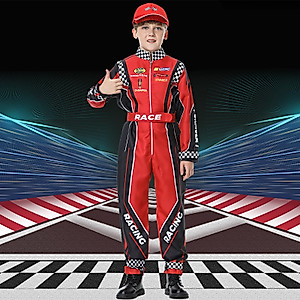Treyrea Race Car Driver Costume Boys Racer Jumpsuit With Car Cap Kids Dress Up for Halloween (Red and Black, L(for height 54"-57"))