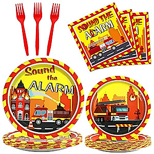 25 Guests Firetruck Birthday Party Decorations Fireman Plates and Napkins for Firefighter Party Supplies Fire Truck Birthday Theme Disposable Dinnerware Set for Kids Fireman Firefighter Party Favors
