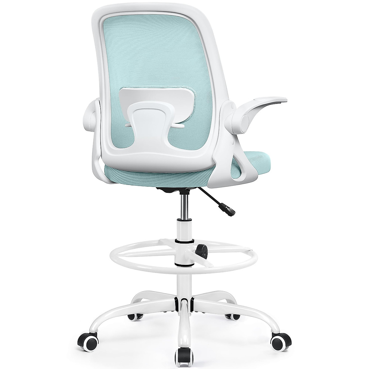 Winrise Drafting Chair Tall Office Chair Ergonomic Desk Chairs with Lumbar Support and Flip-up Armrests, Adjustable Height Comfy Computer Chair with Swivel Task and Adjustable Foot Ring(L-Blue)
