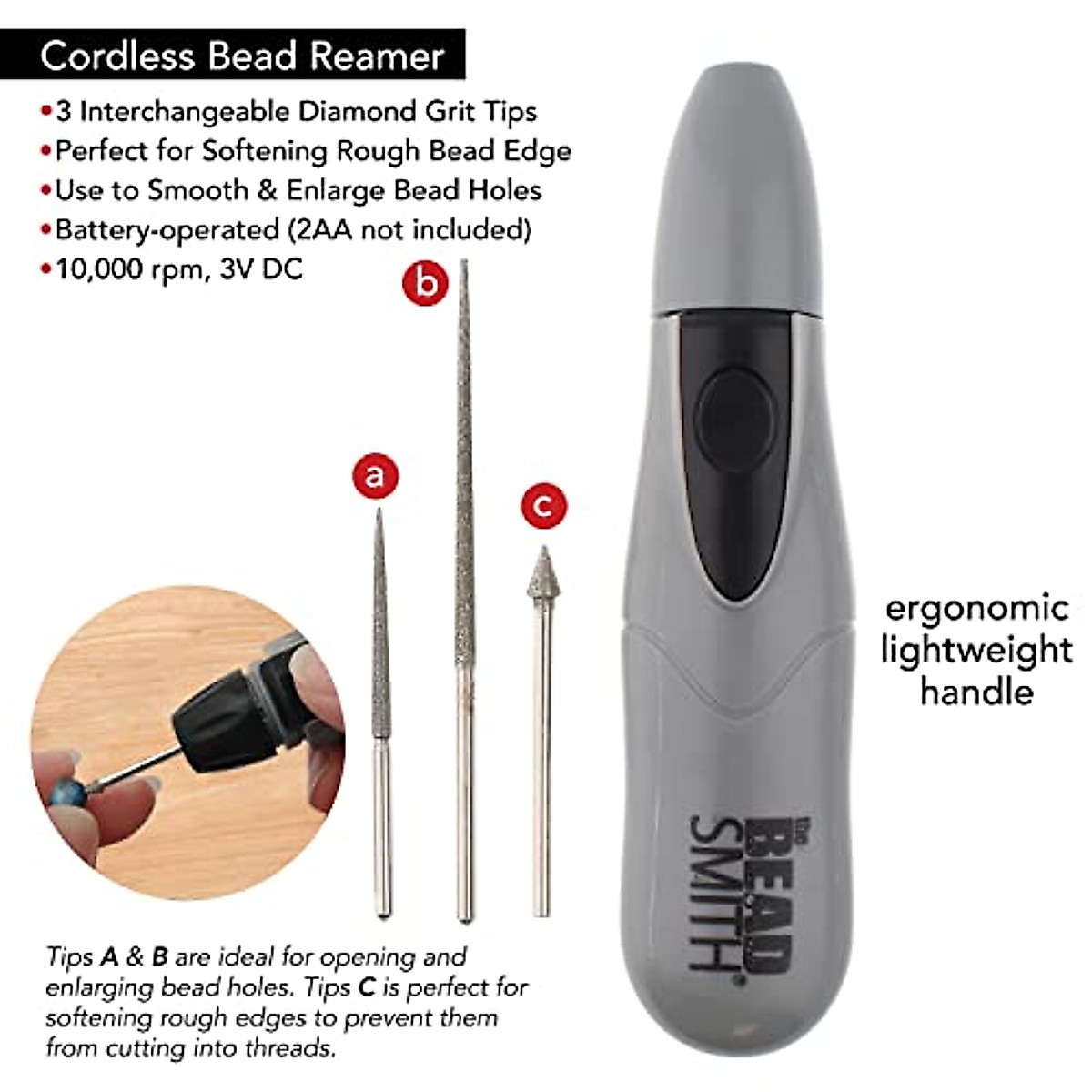 The Beadsmith Motorized Bead Reamer – Cordless: 2 AA Batteries – Included 3 Diamond Points – Use on Glass, Ceramic or Stone – Tools for Opening & Enlarging Holes & Softening & Smoothing Rough Edges