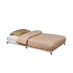 Kings Brand Furniture - Twin Size Metal Roll Out Platform Trundle Bed Frame for Daybed with Steel Slats, Cream White