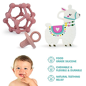 Bambiya Baby Teethers - Food-Grade Silicone Baby Toy for Teething - Infant Toys for Babies Aged 0-12 Months - Llama Baby Stuff with Pacifier, Llama Teething Toy, Geometric Teether Ball Set - 3-Pack