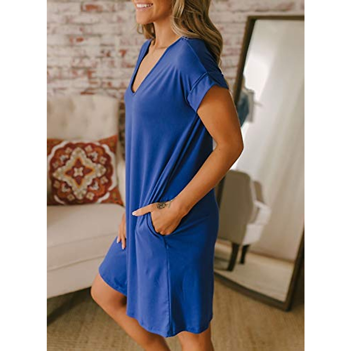 BTFBM Women V-Neck Short Sleeve Summer Dresses 2023 Spring Casual Loose T-Shirt Tunic Short Dress Pajamas with Pockets(Blue, Small)