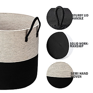 Echueuey 115L Extra Large storage basket with lid, blanket basket with lid for living room,extra large laundry basket,large round basket with lid,wicker basket with lid,Black 21" x 21" x 18"