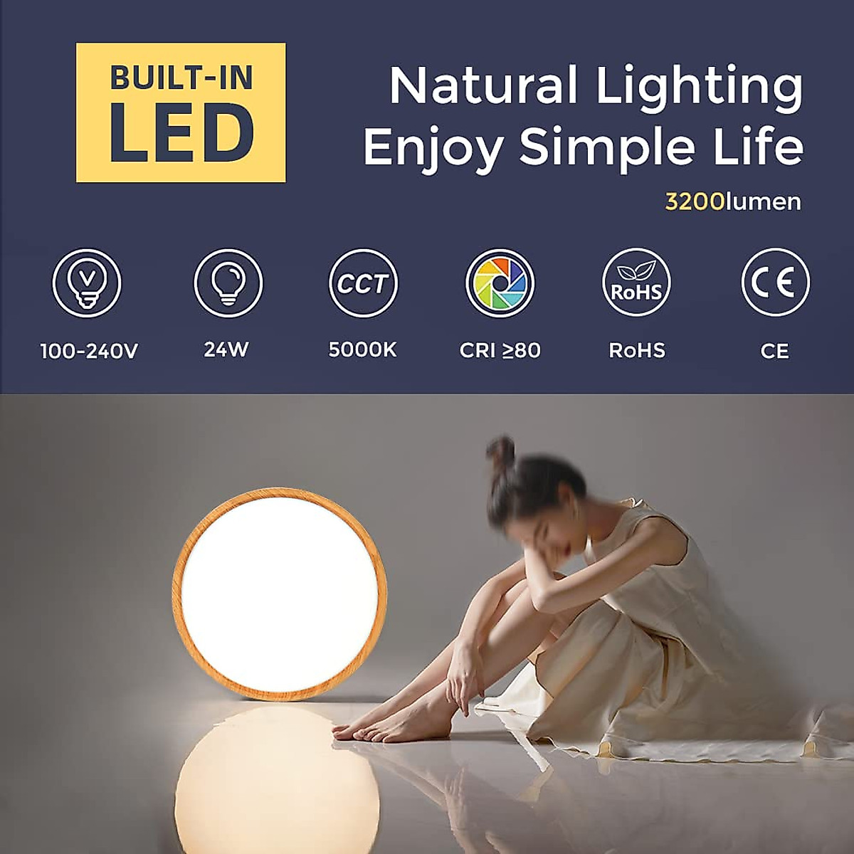 12 Inch Wood Grain LED Ceiling Light Fixture Flush Mount, ABS Mat., 5000K Daylight White, 24W Flat Modern Round Closet Lighting Fixtures, 3200LM Low Profile Circle Ceiling Lamp for Bedroom etc.