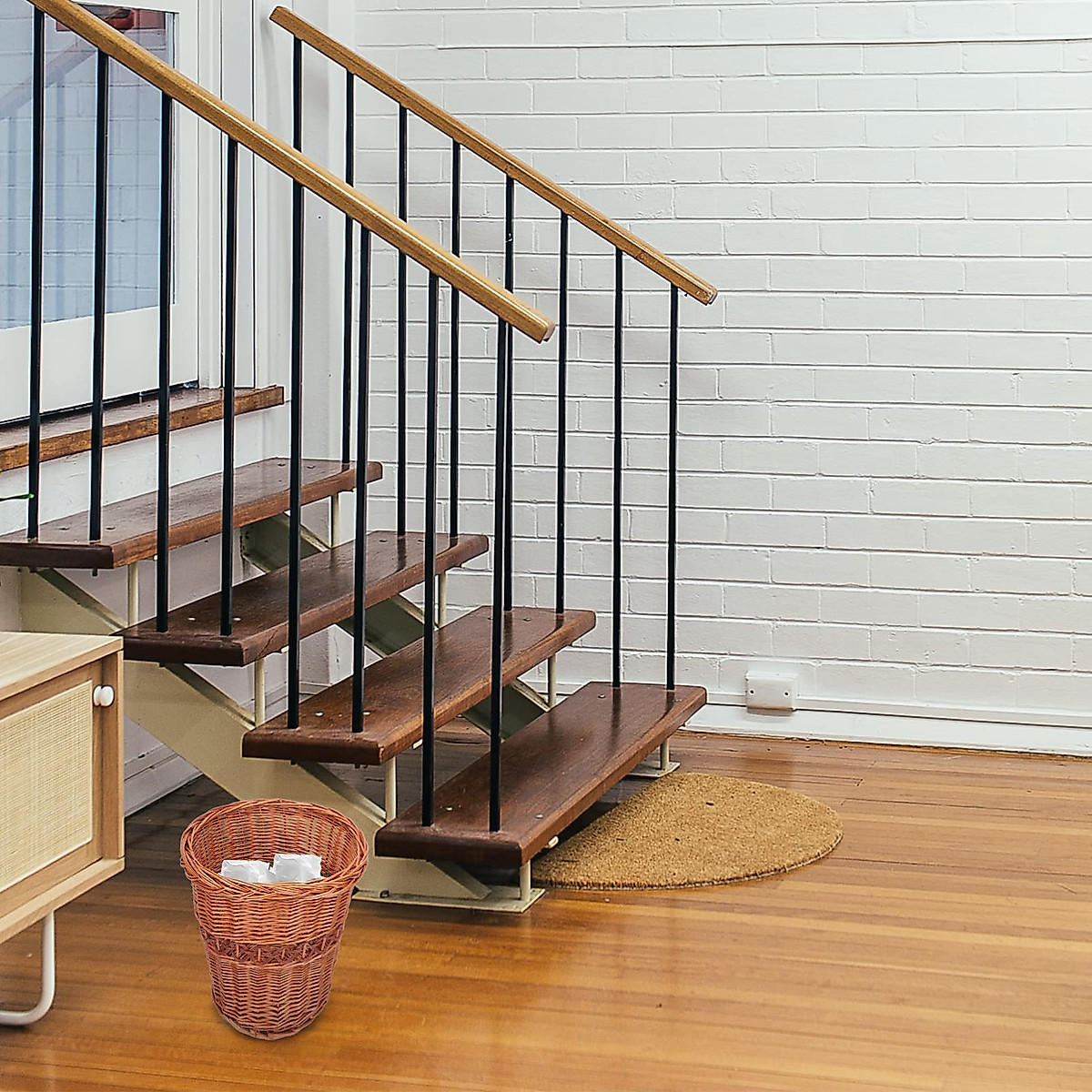 DOITOOL Portable Woven Basket Trash Can Decorative Sundries Container Basket Small Wastebasket Woven Storage Baskets for Bedroom, Bathroom, Utility Rooms, Garages (10 x 11 x 7 inch)