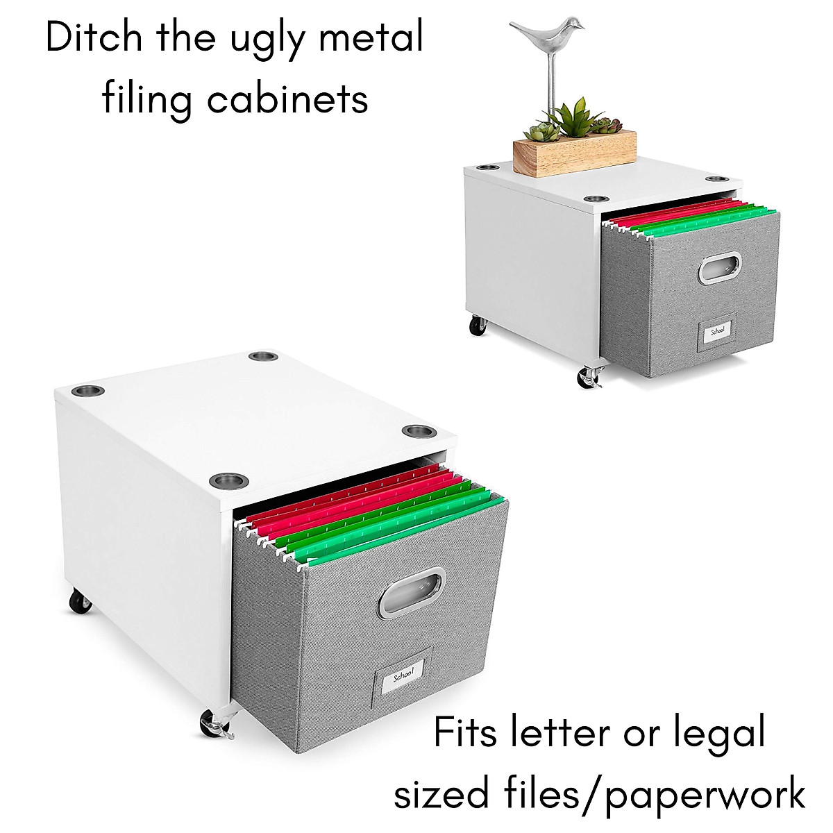 BIRDROCK HOME Rolling File Cabinet with 2 Lateral Drawers – Decorative Storage Shelf, Blankets, Books, Files, Magazines, Toys – Removable Bin with Handles – Under Desk Office Living Room Home - White