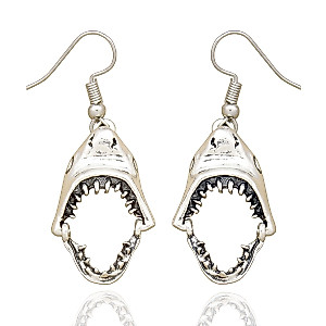 RechicGu Vintage Silver Shark Hinged Moveable Tooth Jaws Skull Hell Demon Mouth Dangle Earrings Fancy Dress