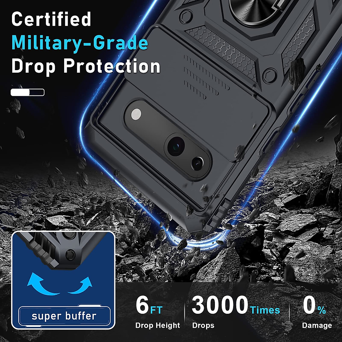 Janmitta Google Pixel 7a Case Built in Slide Camera Lens Cover+Screen Protector [2 Pcs]+Finger Ring Holder Kickstand,Heavy Duty Shockproof Full Body Protective Cover,2023 Black