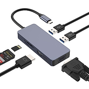 USB C Hub, HOPDAY Docking Station, 6 in 1 Dual Monitor USB C Adapter with VGA, 4K HDMI, USB 3.0 Ports, SD/TF Card Reader, Compatible with MacBook Pro/Air, Dell/HP/Lenovo