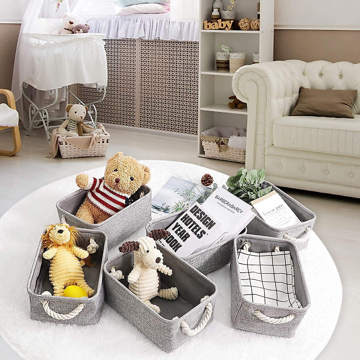 Small Baskets for Shelves(6pack) Fabric Storage Baskets, Empty Gift Baskets with Rope Handles, Decorative Foldable Storage Baskets for Organizing Home Closet & Office (Gray, 11.8” x 7.8” x 5.1”)