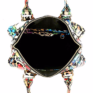 Patent Vegan Leather Leopard Flower Print Satchel Shoulder Bag Purse Handbag (Doctor Bag - Purple)