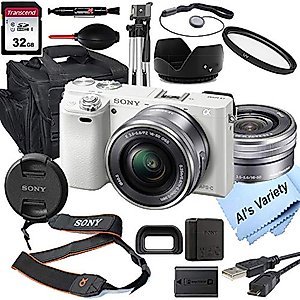 Sony Alpha a6000 (White) Mirrorless Digital Camera with 16-50mm Lens + 32GB Card, Tripod, Case, and More (18pc Bundle) (Renewed)