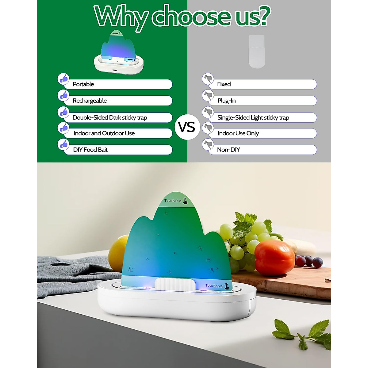 Fruit Fly Traps for Indoor Outdoor, Double-Sided Fly Trap Indoor, Rechargeable Flying Insect Traps with Blue Bug Light, Fruit Fly Traps for Camping, Patio, Garden, Kitchen (1 pcs)