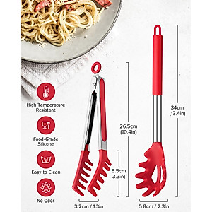 Spaghetti Spoon and Pasta Tong, Non-stick Silicone Spoon Server Fork with teeth and Stainless Steel Handle Spaghetti Tong, Food Clip for Spaghetti Noodle, Red