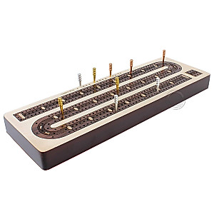 House of Cribbage - 3 Track Continuous Cribbage Board Inlaid in Rosewood - Maple Wood - Size: 12.5 Inches - Storage Drawer for Cribbage Pegs