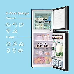 COMFEE' CRM45D3ABB Cu Ft Mini Fridge with Freezer, Energy Saving, Adjustable Legs, Temperature Thermostat Dial, Removable Shelf, Perfect for Home/Dorm/Garage Double Door Refrigerator, 4.5 Cuft, Black