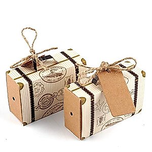 AerWo 50pcs “Travel Themed” Suitcase Favor Boxes + 50pcs Tags, Vintage Kraft Favor Box Candy Gift Bag for Kids Travel Theme Party Wedding Birthday Bridal Shower Thanksgiving Day Christmas Day