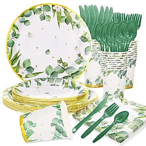 AWLZJZQA 168 Pcs Sage Green Plates and Napkins Party Supplies Serve 24 Eucalyptus Disposable Paper Garden Baby Shower Decorations Bridal Party Plates and Cups and Napkins Sets for Girl Boy Women