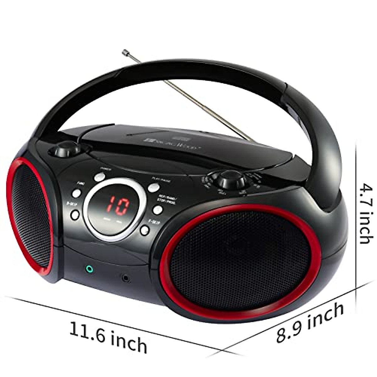 SINGING WOOD 030C Portable CD Player Boombox with AM FM Stereo Radio, Aux Line in, Headphone Jack, Supported AC or Battery Powered (Black with a Touch of Red Rims)